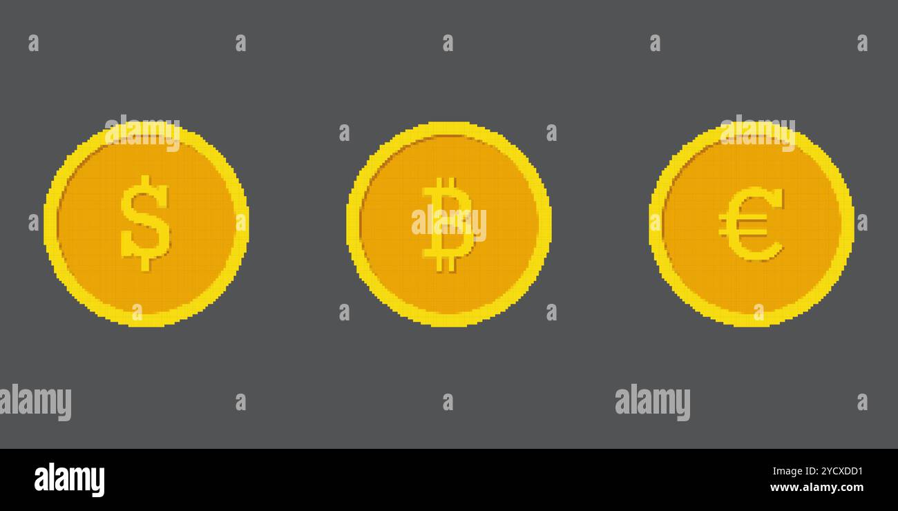 Golden Retro Pixelated Currency Coins Icon Set. Pixel Art Coins of ...