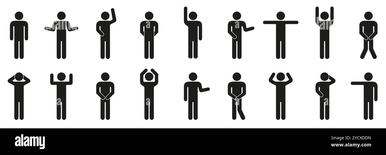 Stick Figure Gesture Silhouette Icon Set. Man in Different Poses Filled ...