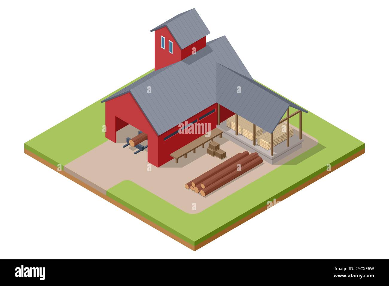 Isometric Sawmill. Lumberjack with saw machinery for wood working and ...