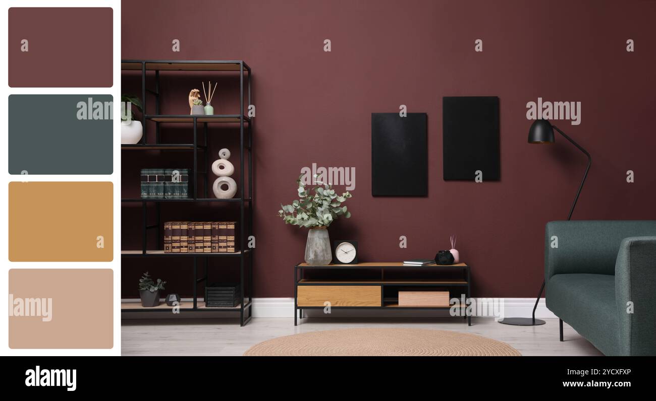 Living room with stylish furniture near brown wall. Interior design and ...