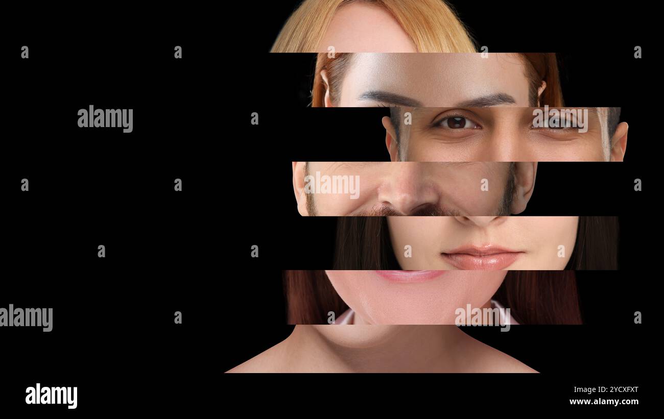 Creative collage with parts of different people's faces on black ...