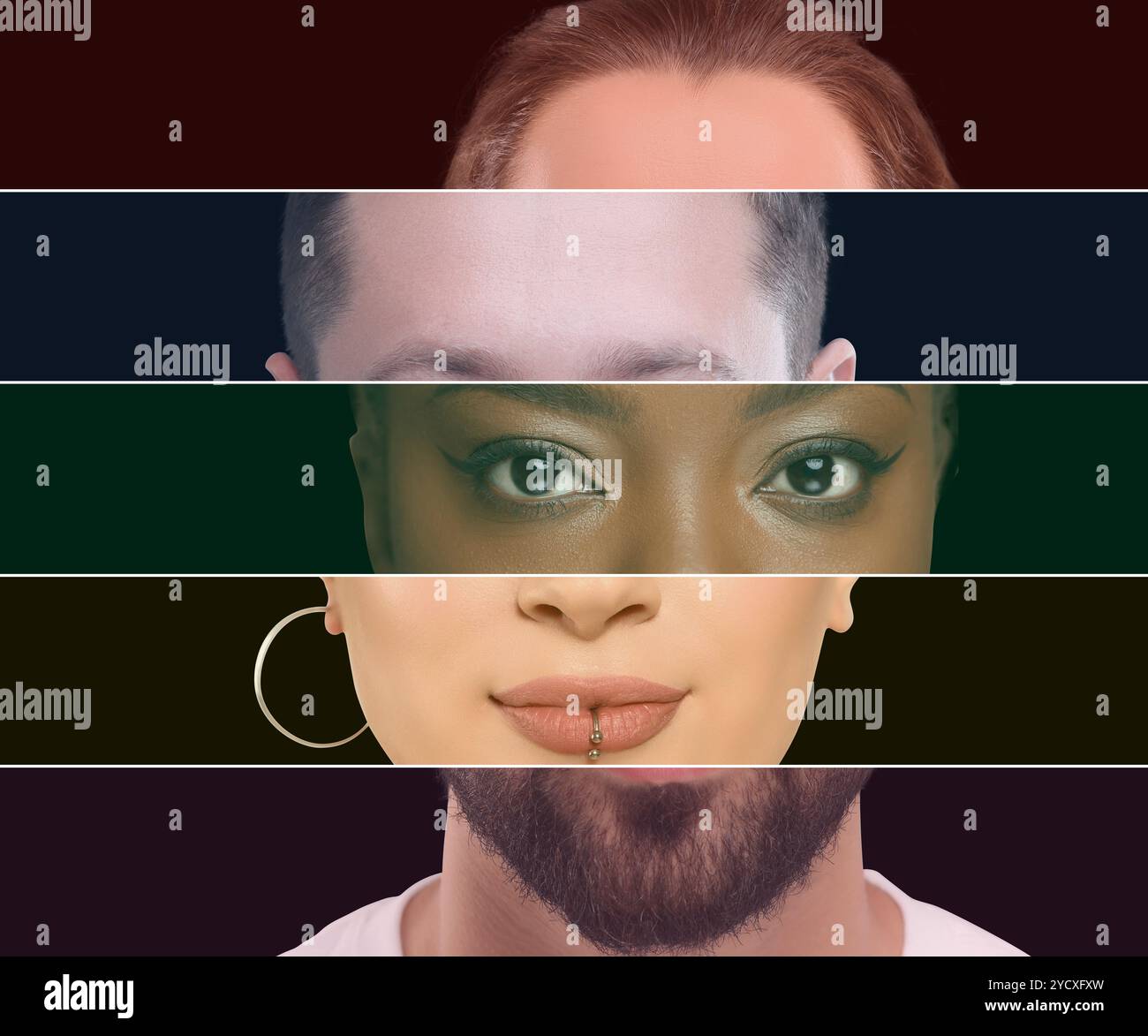 Creative collage with parts of different people's faces on black ...