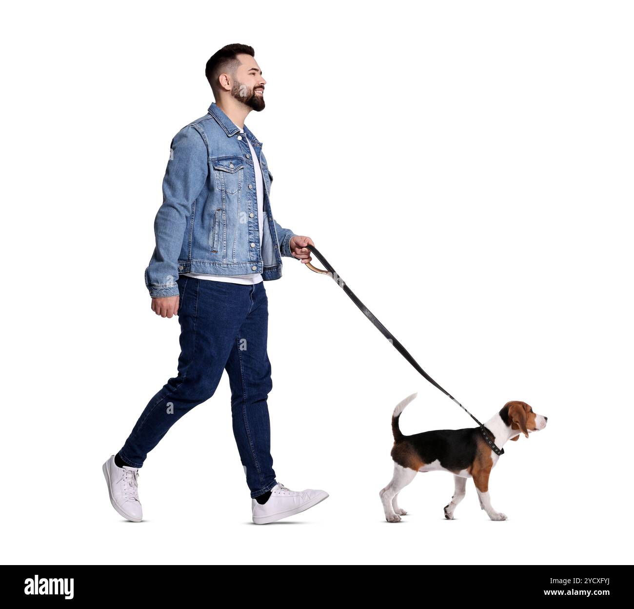 Happy man walking his dog on white background Stock Photo - Alamy