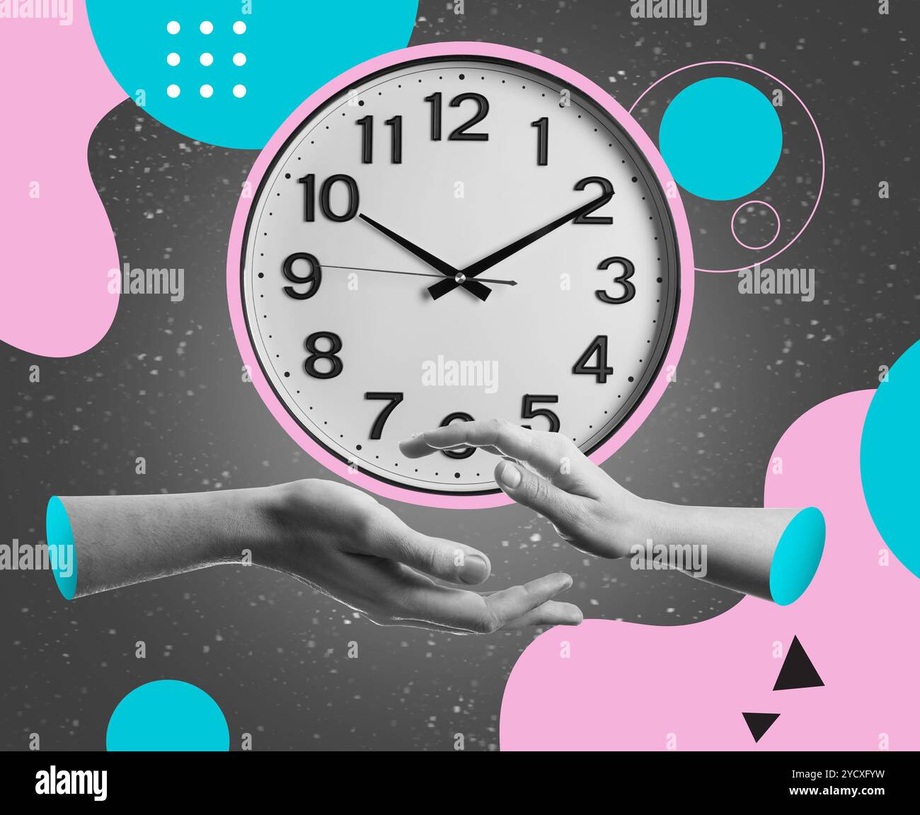 Male and female hands reaching to each other against clock on color ...