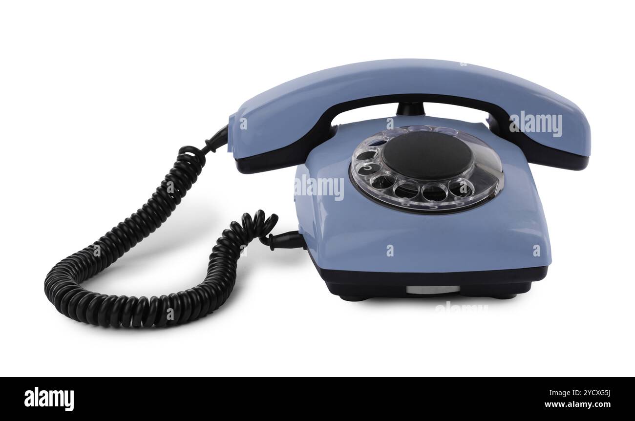 Old light blue telephone with rotary dial isolated on white Stock Photo ...