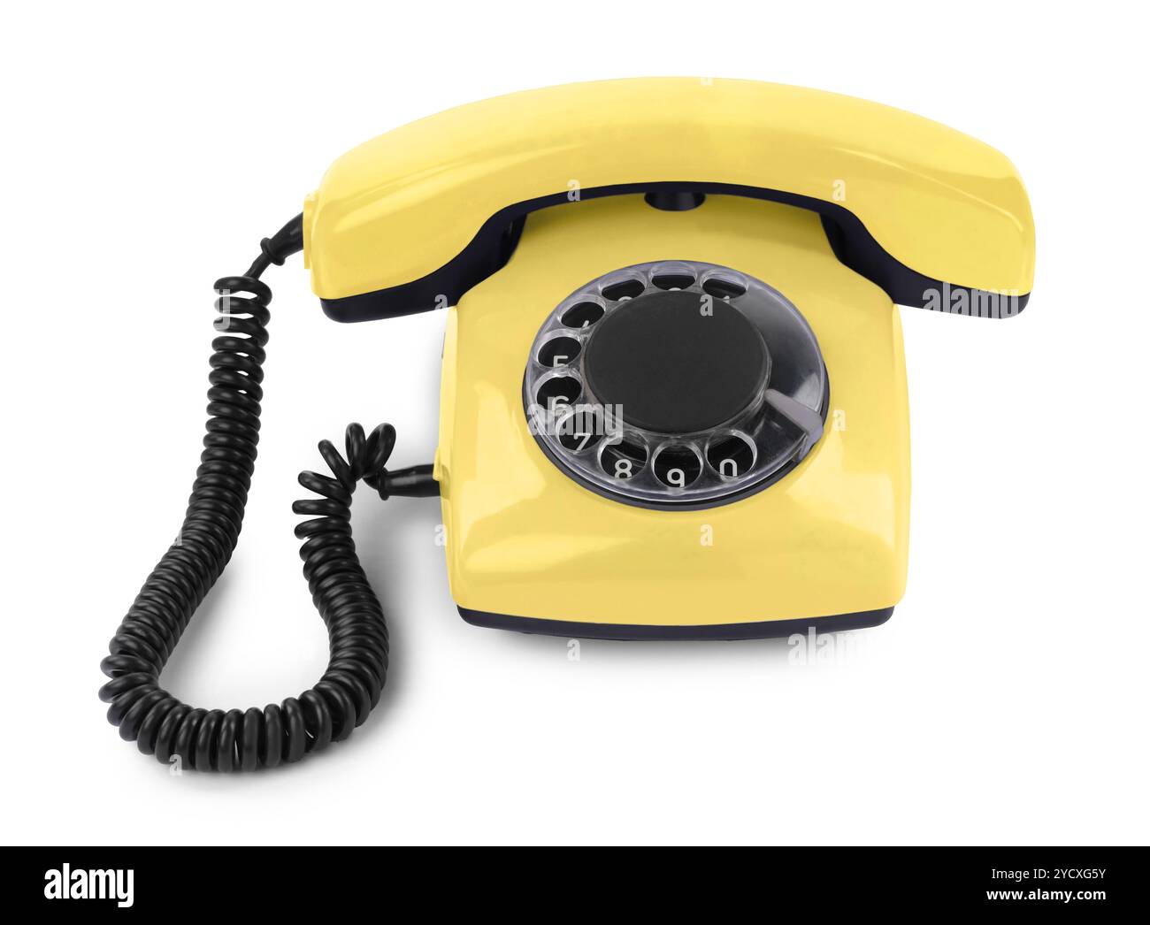 Old yellow telephone with rotary dial isolated on white Stock Photo - Alamy