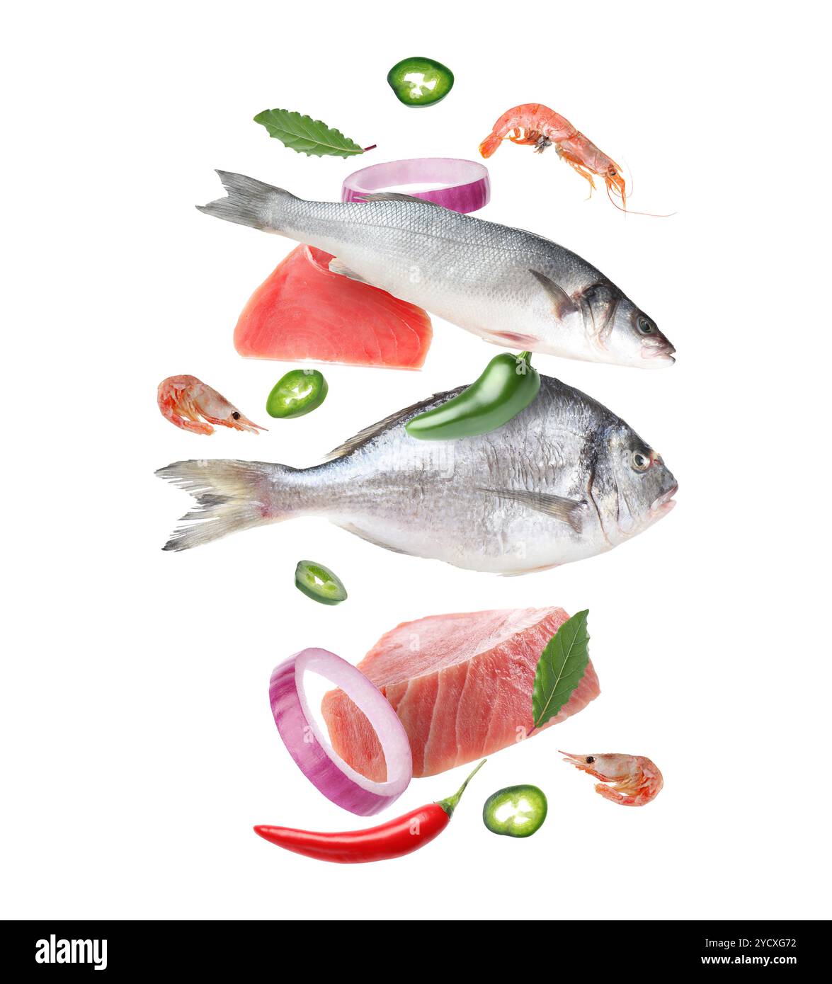 Different sea food in air on white background Stock Photo - Alamy