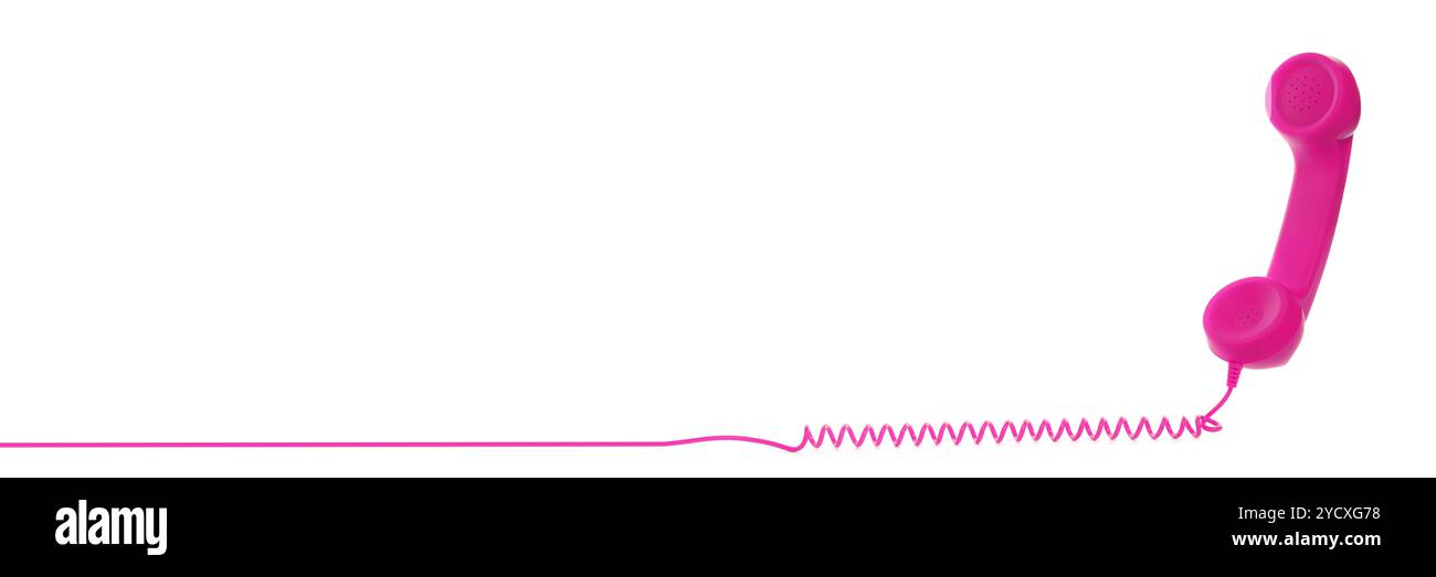 Pink corded telephone handset on white background. Banner design with ...