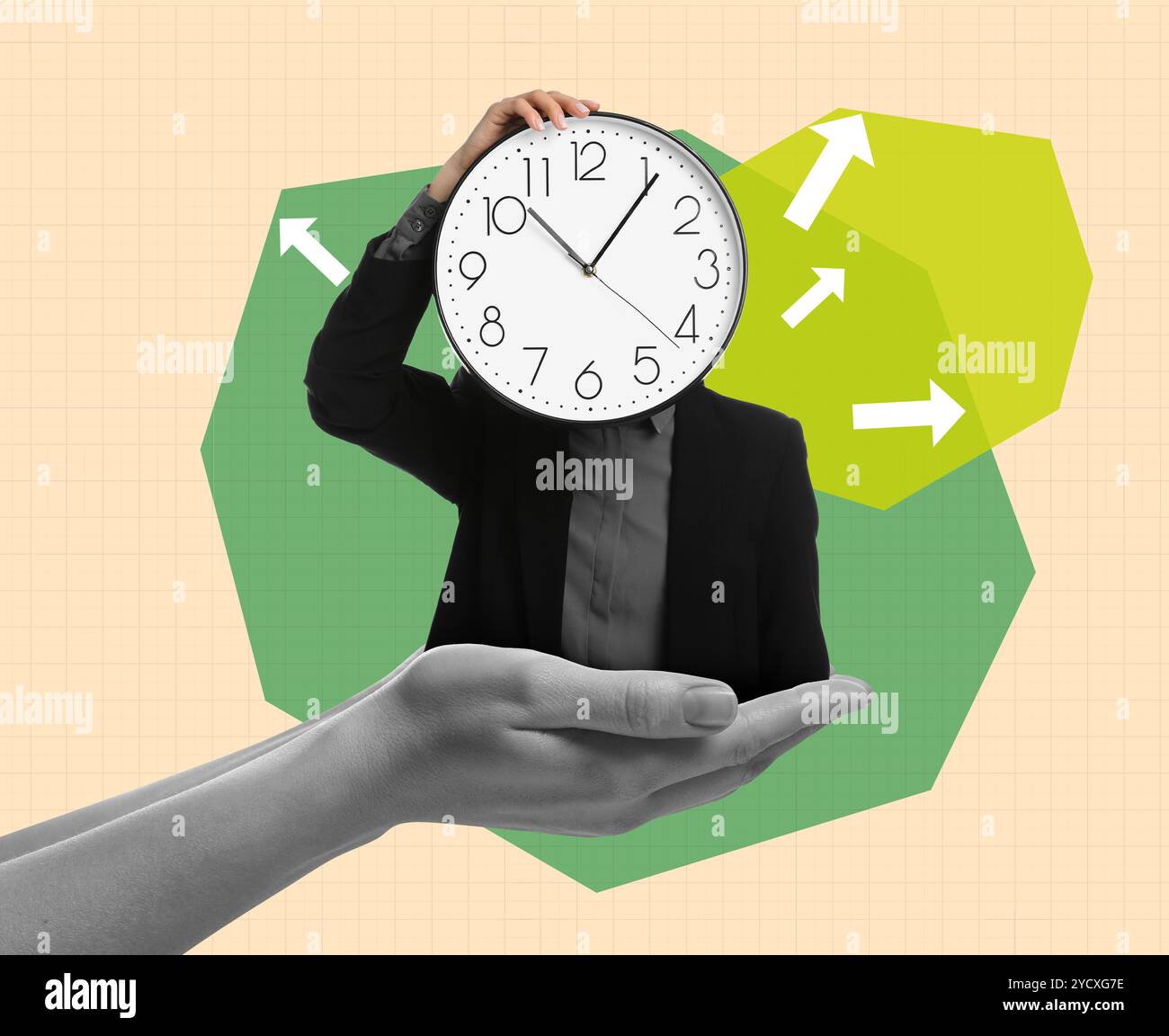 Time management. Businesswoman with clock head on color background ...