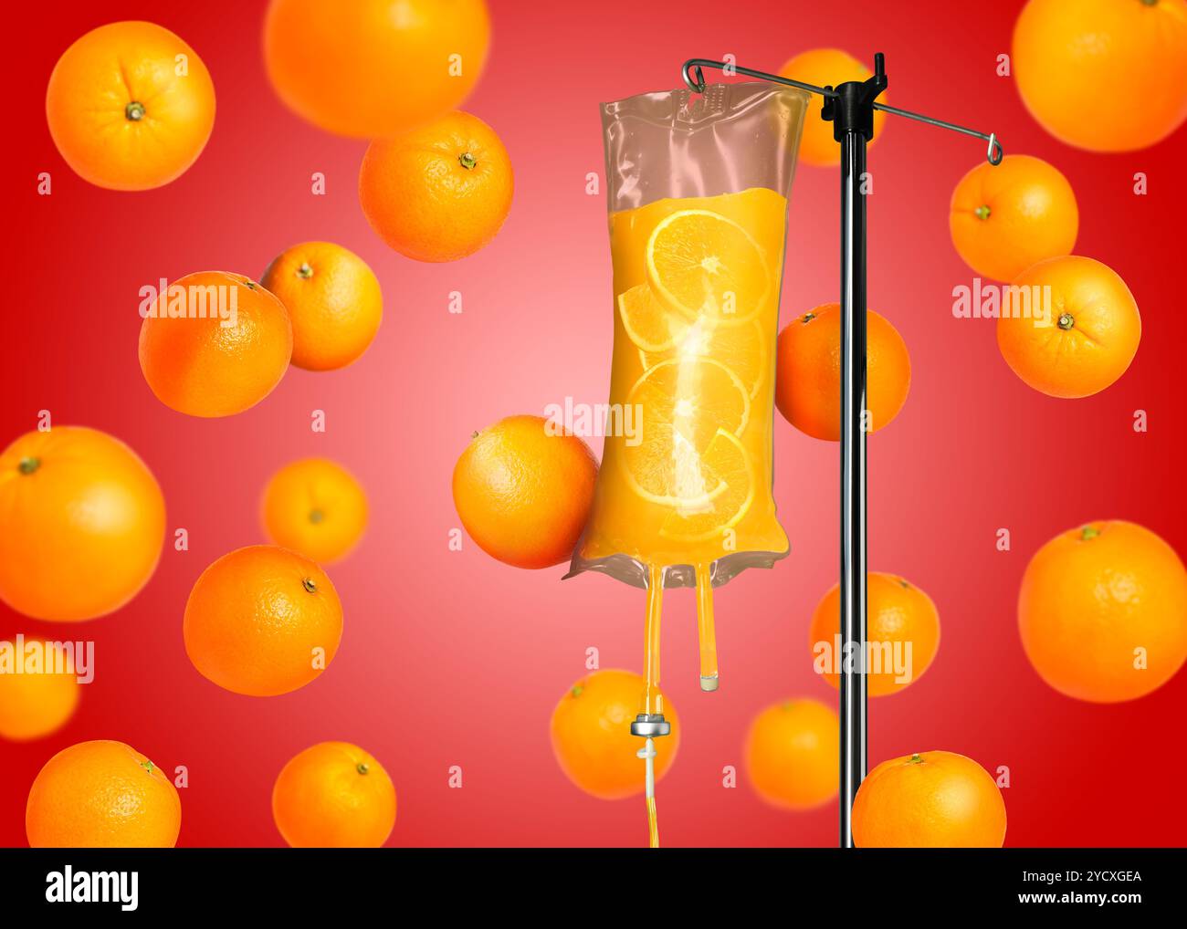 Vitamin intravenous therapy. IV infusion set and falling oranges on red ...