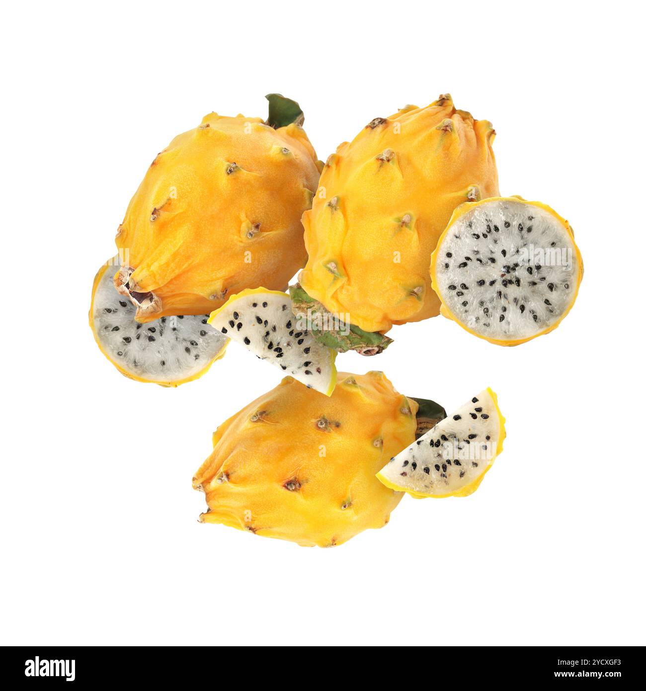 Yummy yellow pitaya fruits in air on white background Stock Photo - Alamy