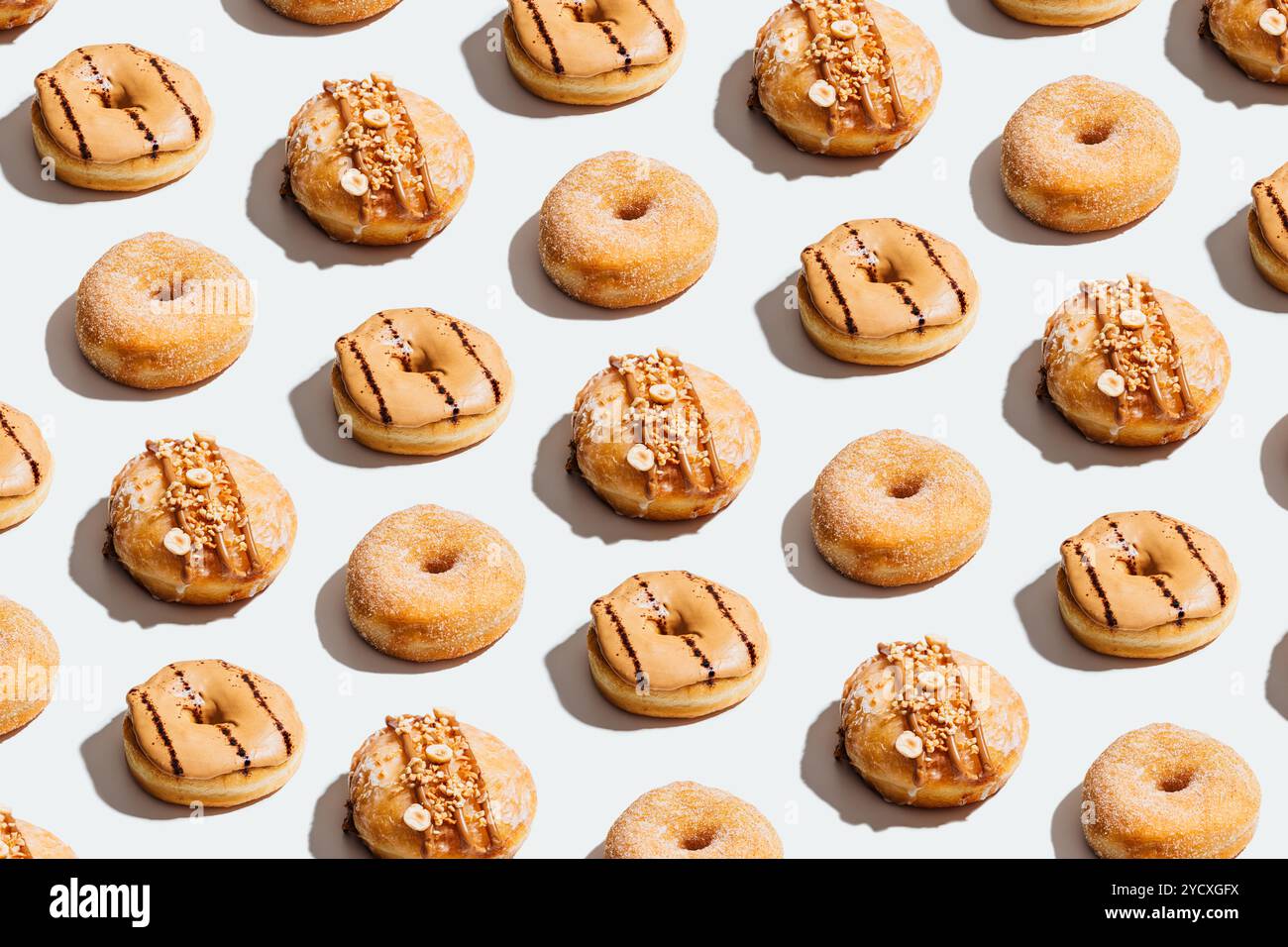 A pattern of vegan donuts featuring coffee-glazed, sugar-coated ...