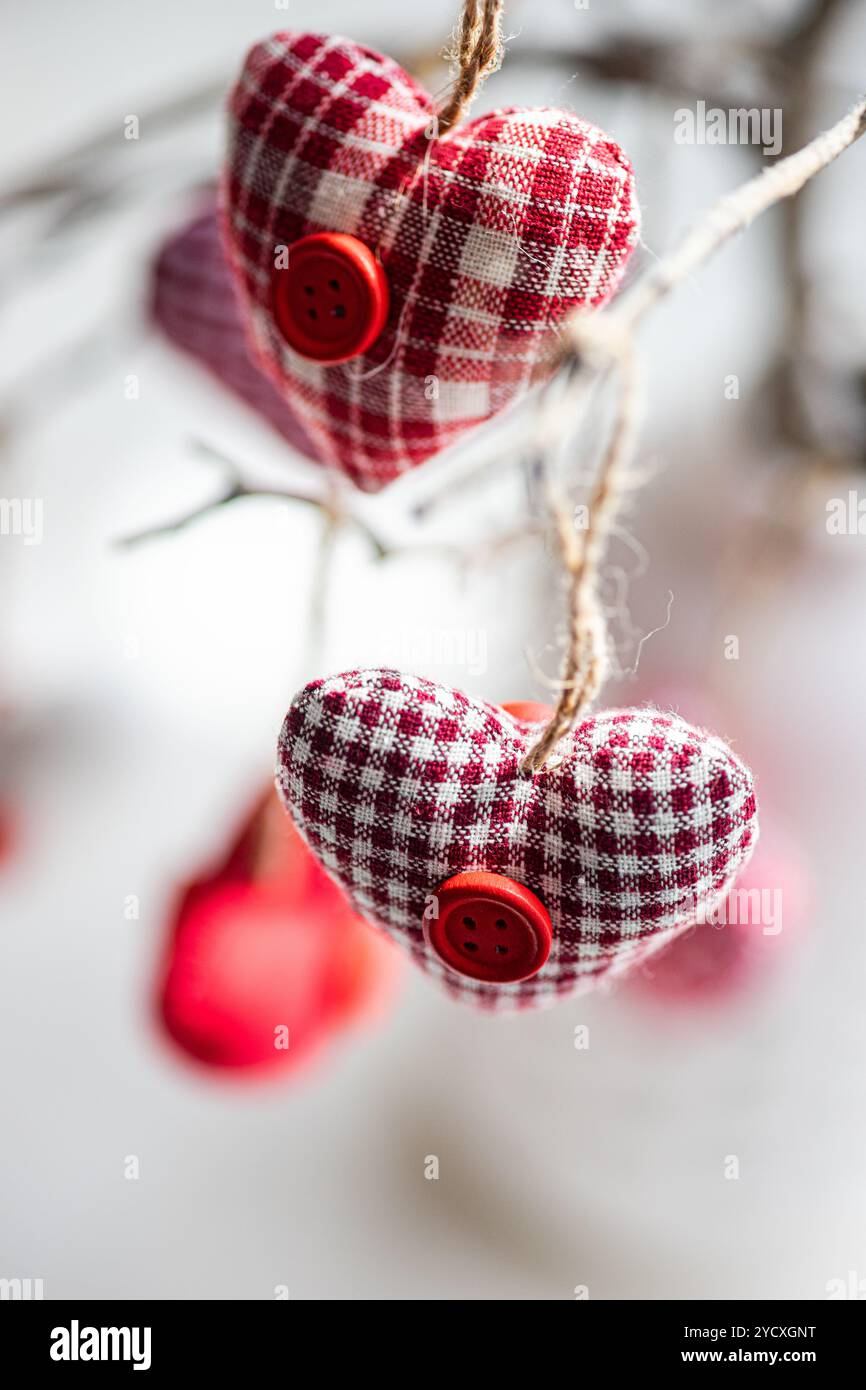 A close-up photo showcasing fabric hearts with a tartan pattern and red ...