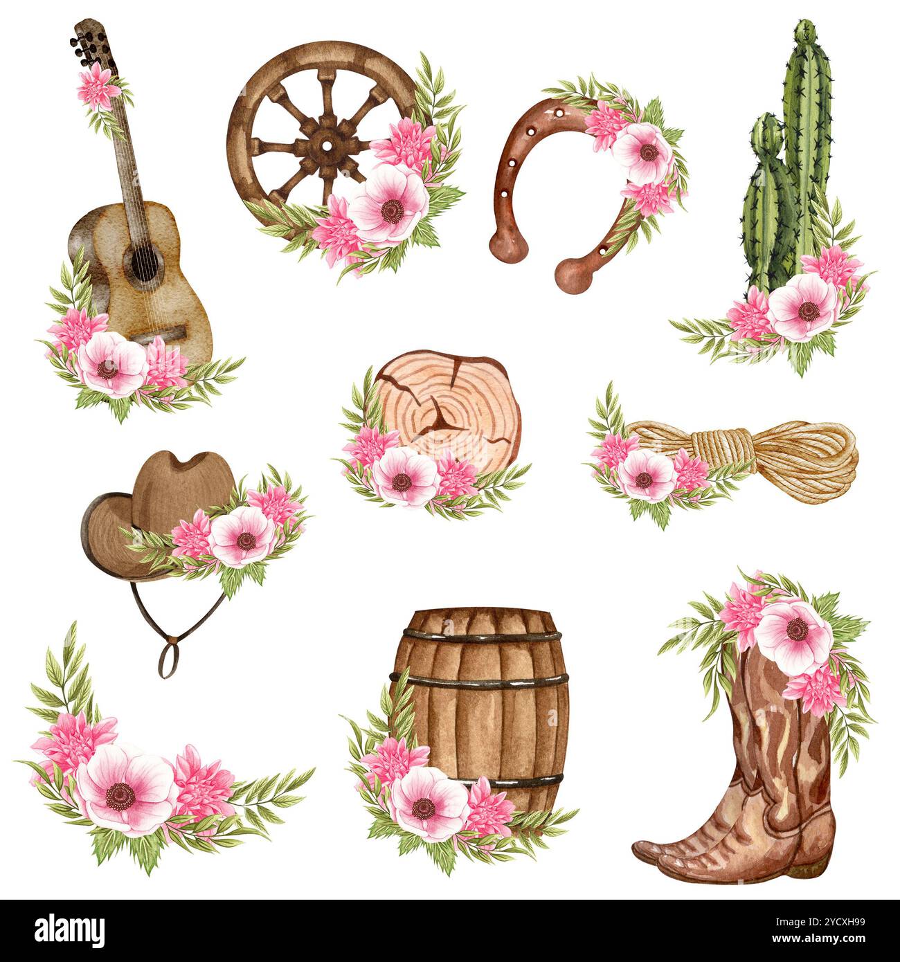 Wheel ,barrel with sunflowers and cowboy boots. Watercolor hand painted ...