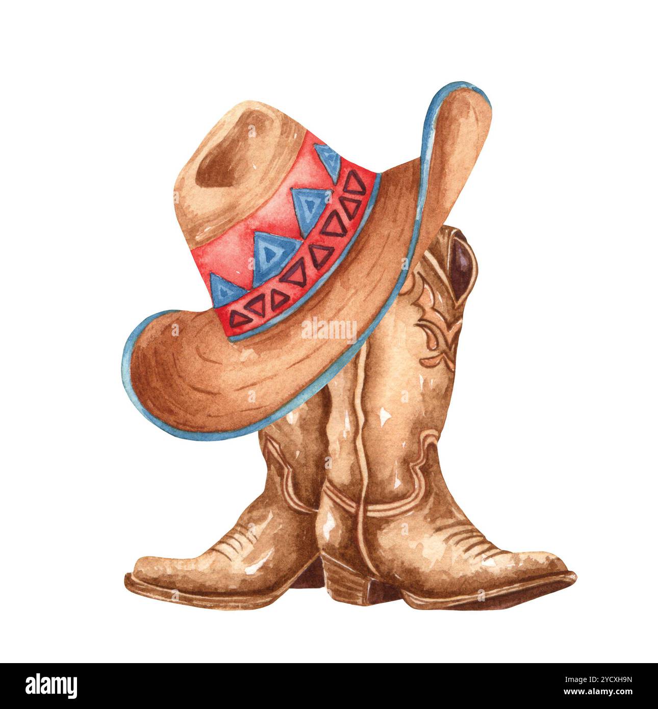 Watercolor cowboy boots with a hat. Hand painted rodeo theme design ...