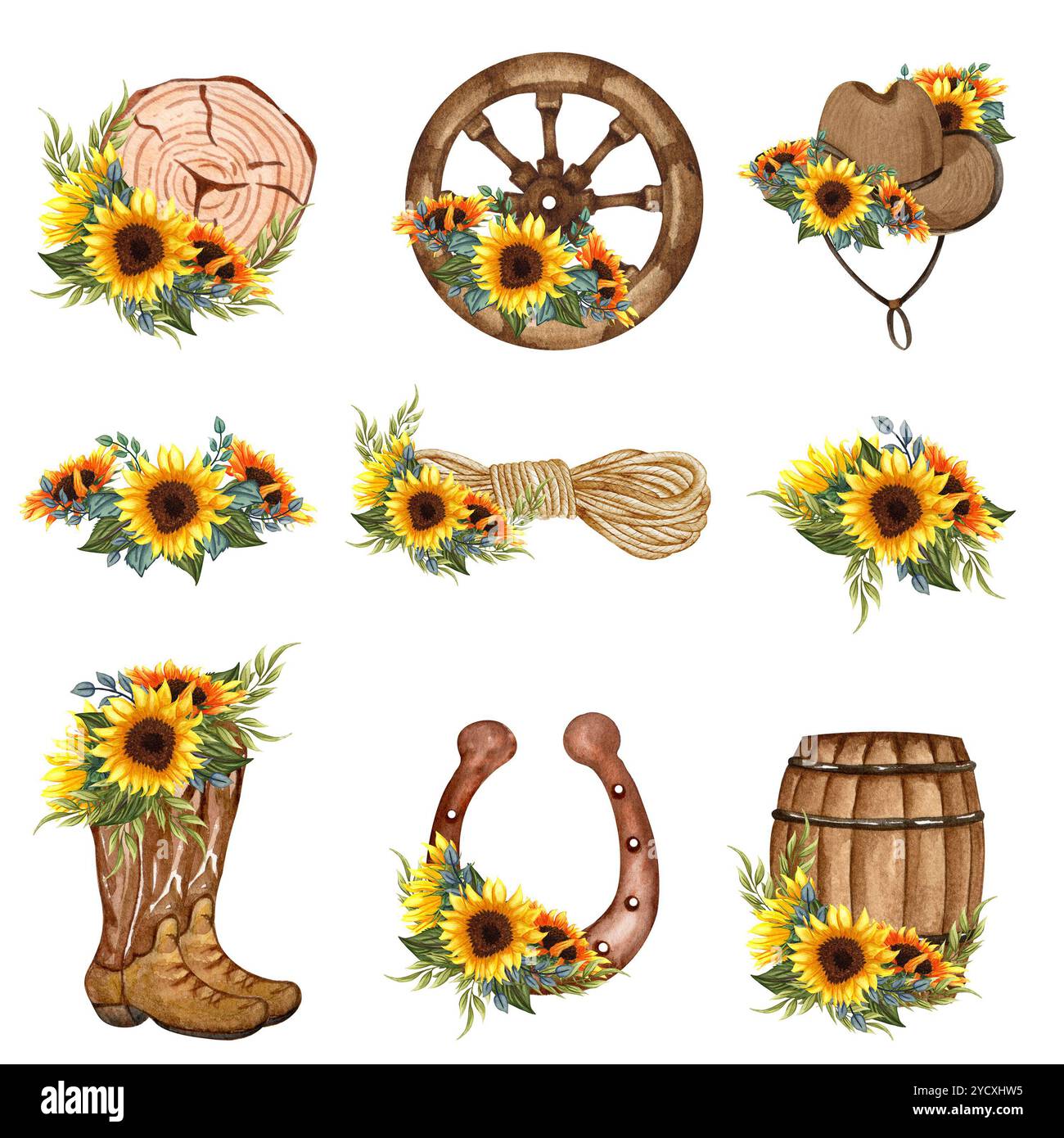 Wheel ,barrel with sunflowers and cowboy boots. Watercolor hand painted ...