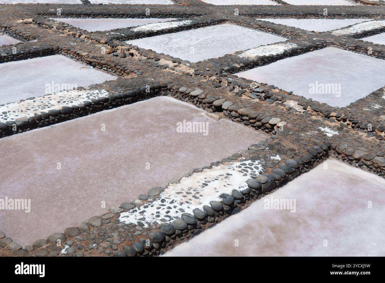 An aerial view of the salt evaporation ponds showing the various stages ...