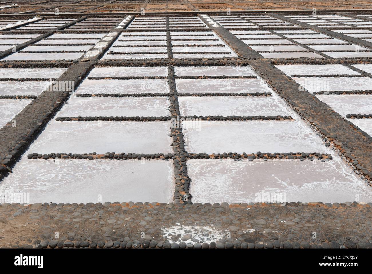 Aerial view of salt pans, showcasing numerous geometric sections filled ...