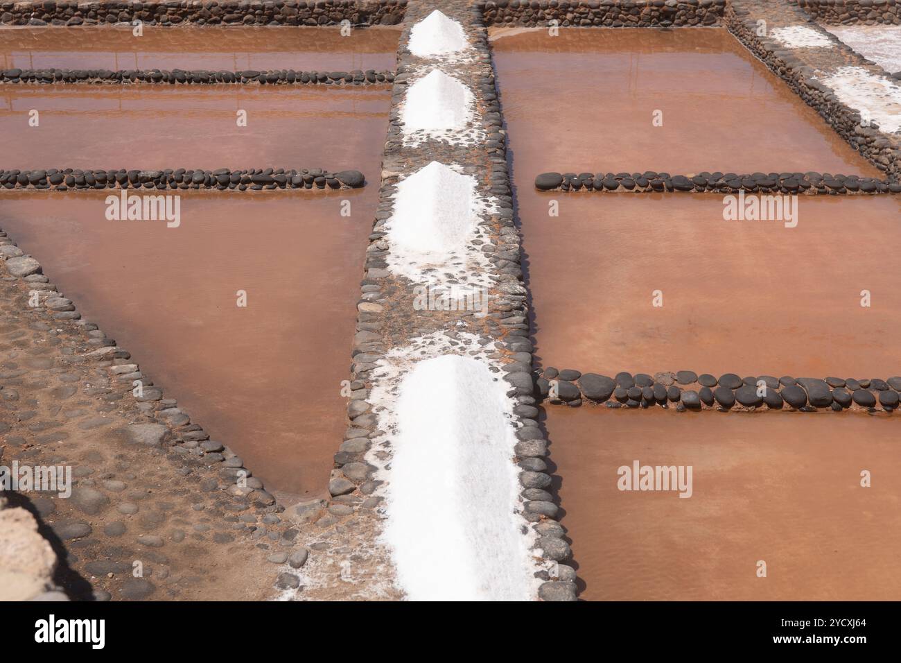 Aerial view of traditional salt ponds with crystallized white salt ...