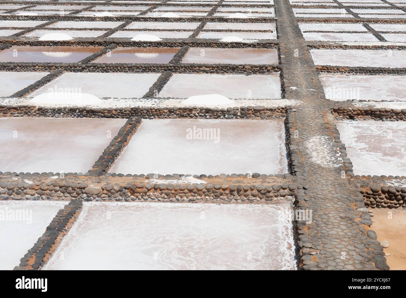 An aerial view of organized salt pans, showcasing various stages of sea ...