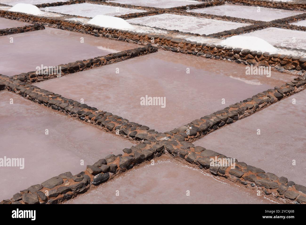 A detailed view of traditional salt pans, showcasing salt ...