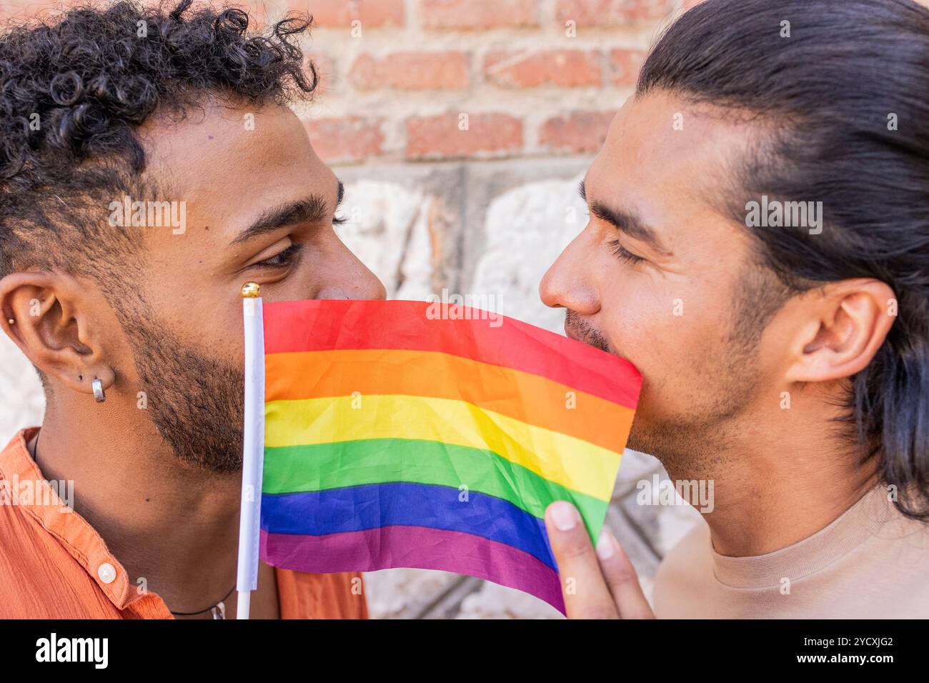 A touching scene of a gay couple, expressing love and unity through a ...