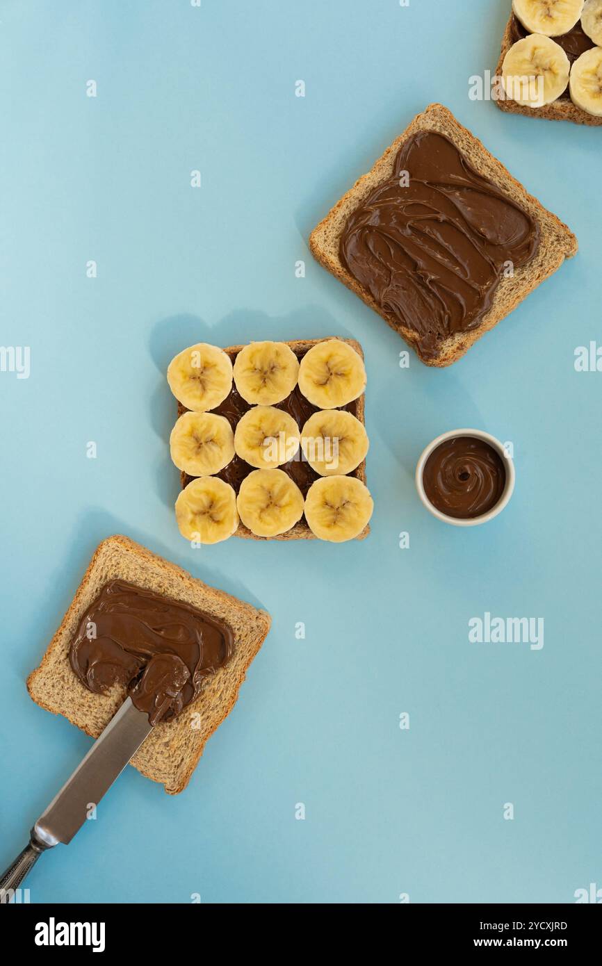 Overhead view of a simple, nutritious breakfast with whole-grain bread ...