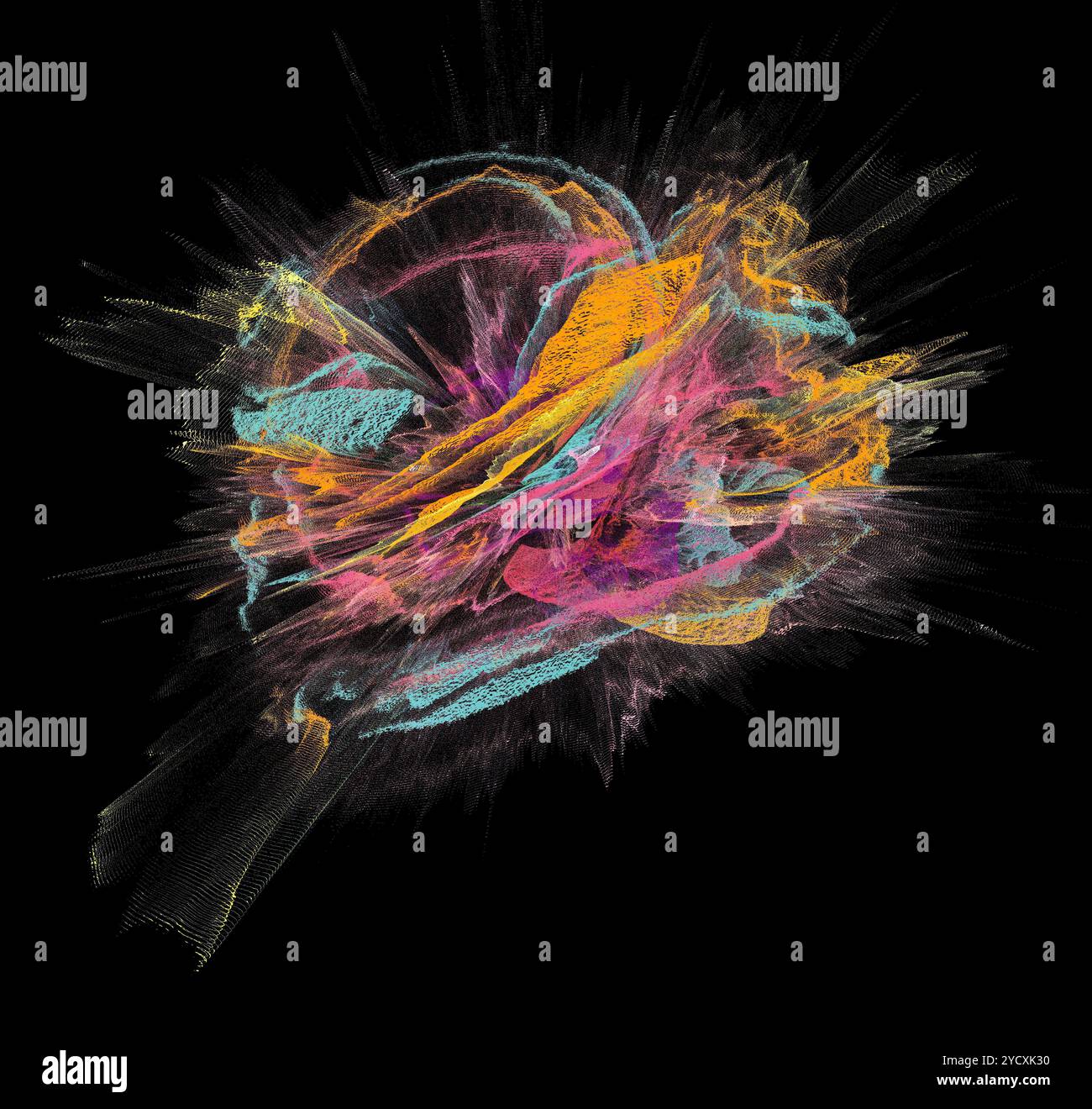 A vibrant 3D render of particle bursts in an array of colors against a ...