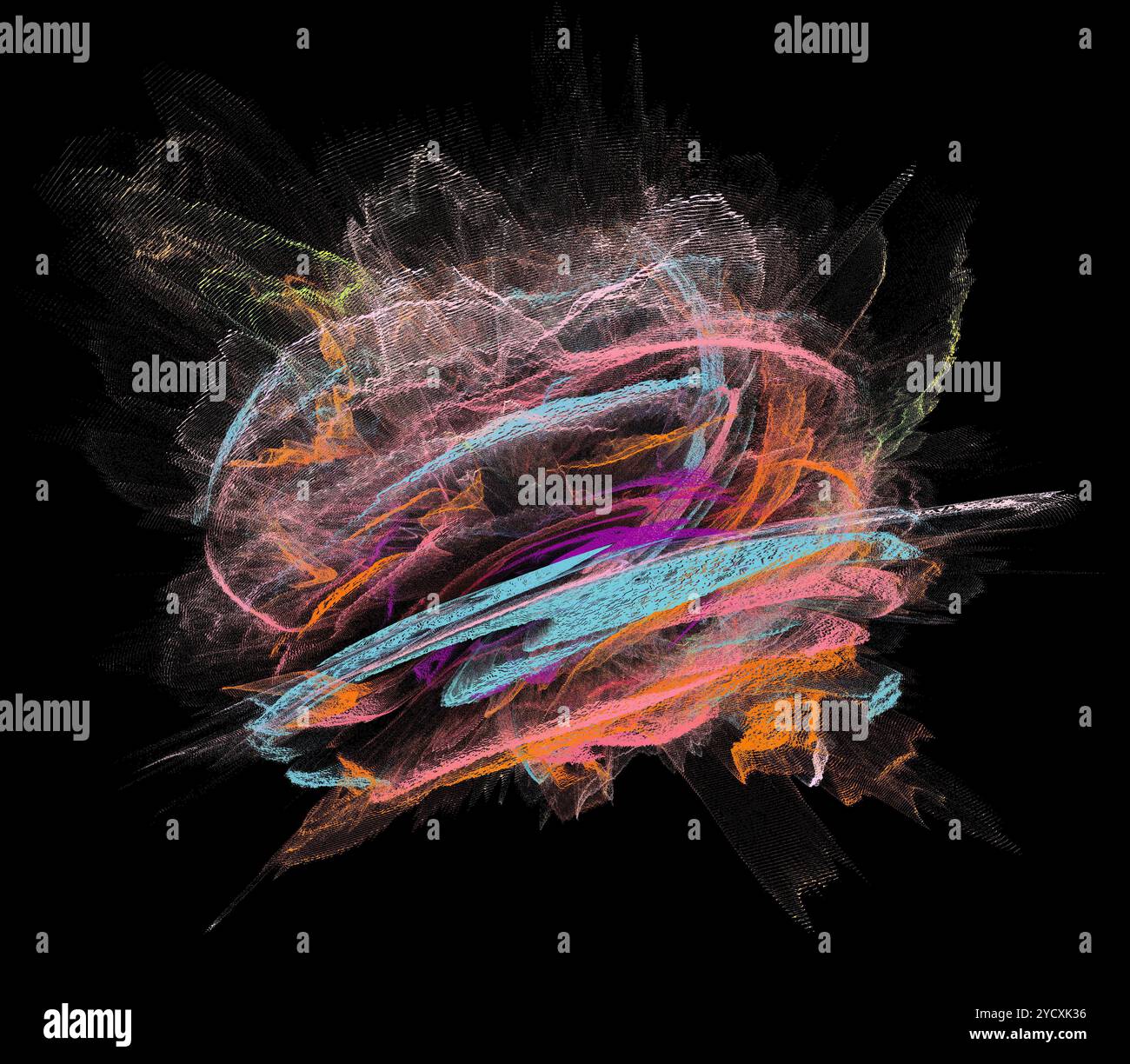 A vibrant 3D particle explosion with dynamic colors against a dark ...