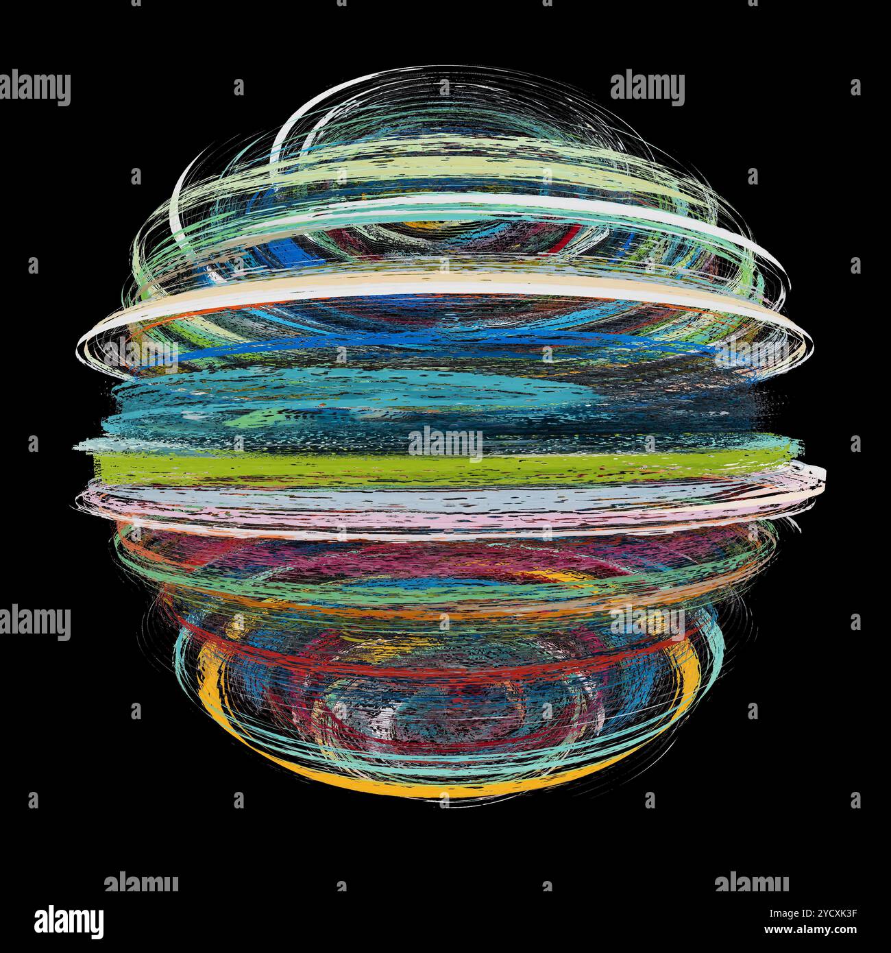 A vivid digital illustration of layered 3D particle spheres, featuring ...