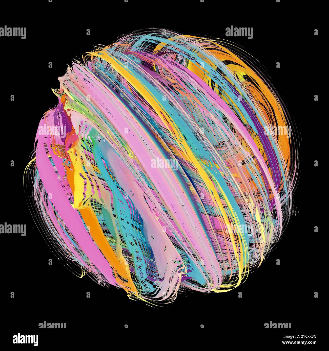 An abstract 3D graphic of a spherical shape made from swirling particle ...