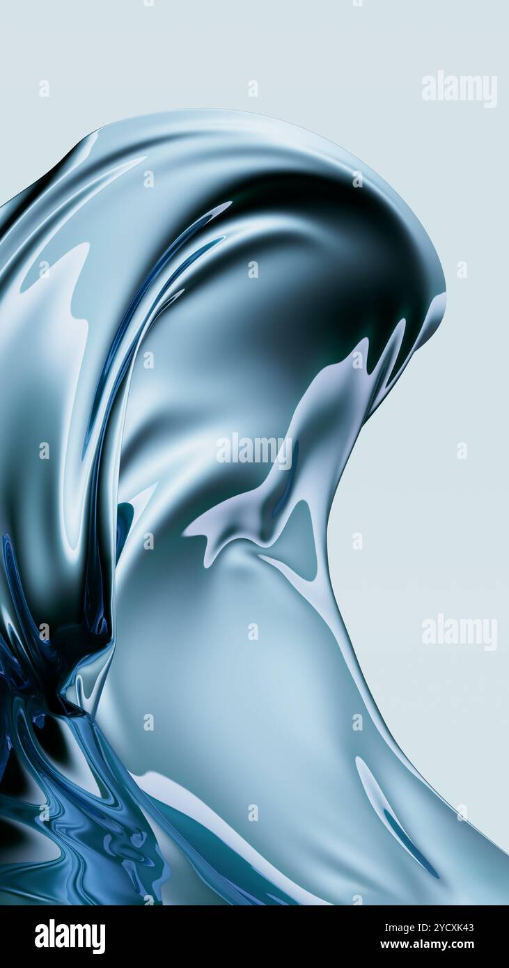 A 3D illustration of a fluid metallic blue wave with glossy reflections ...