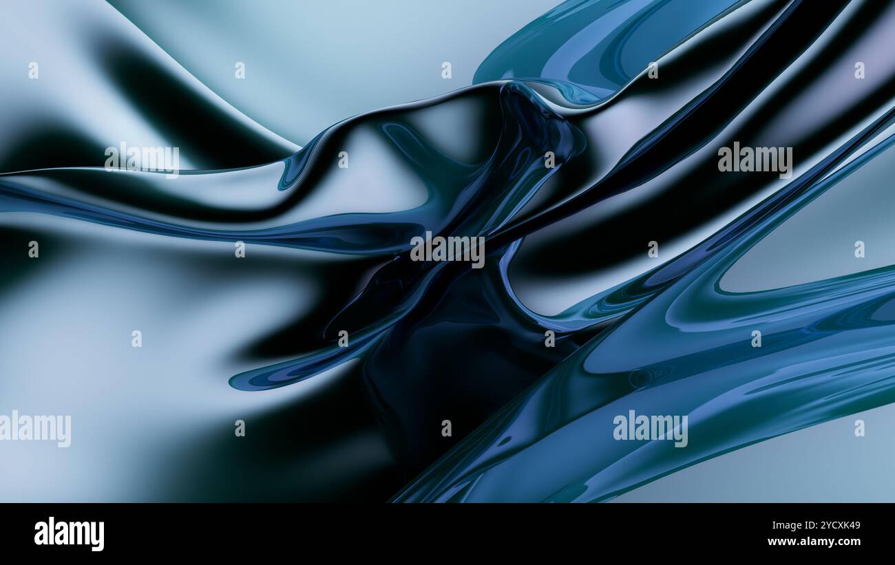 A 3D illustration depicting smooth flowing waves with blue metallic reflections, creating an ...