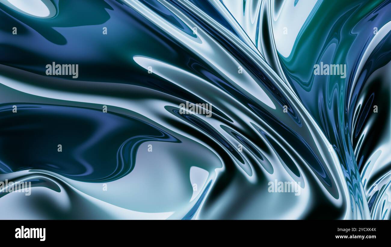 An Illustration Showcasing Fluid Metallic Shapes With Blue Reflective Surfaces Created Through