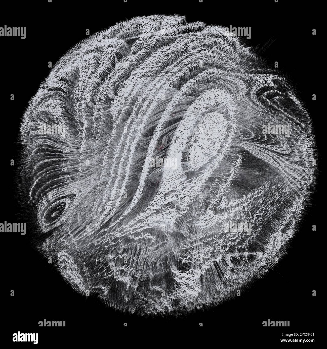 An intricate monochrome 3D particle burst creates a dynamic wave ...