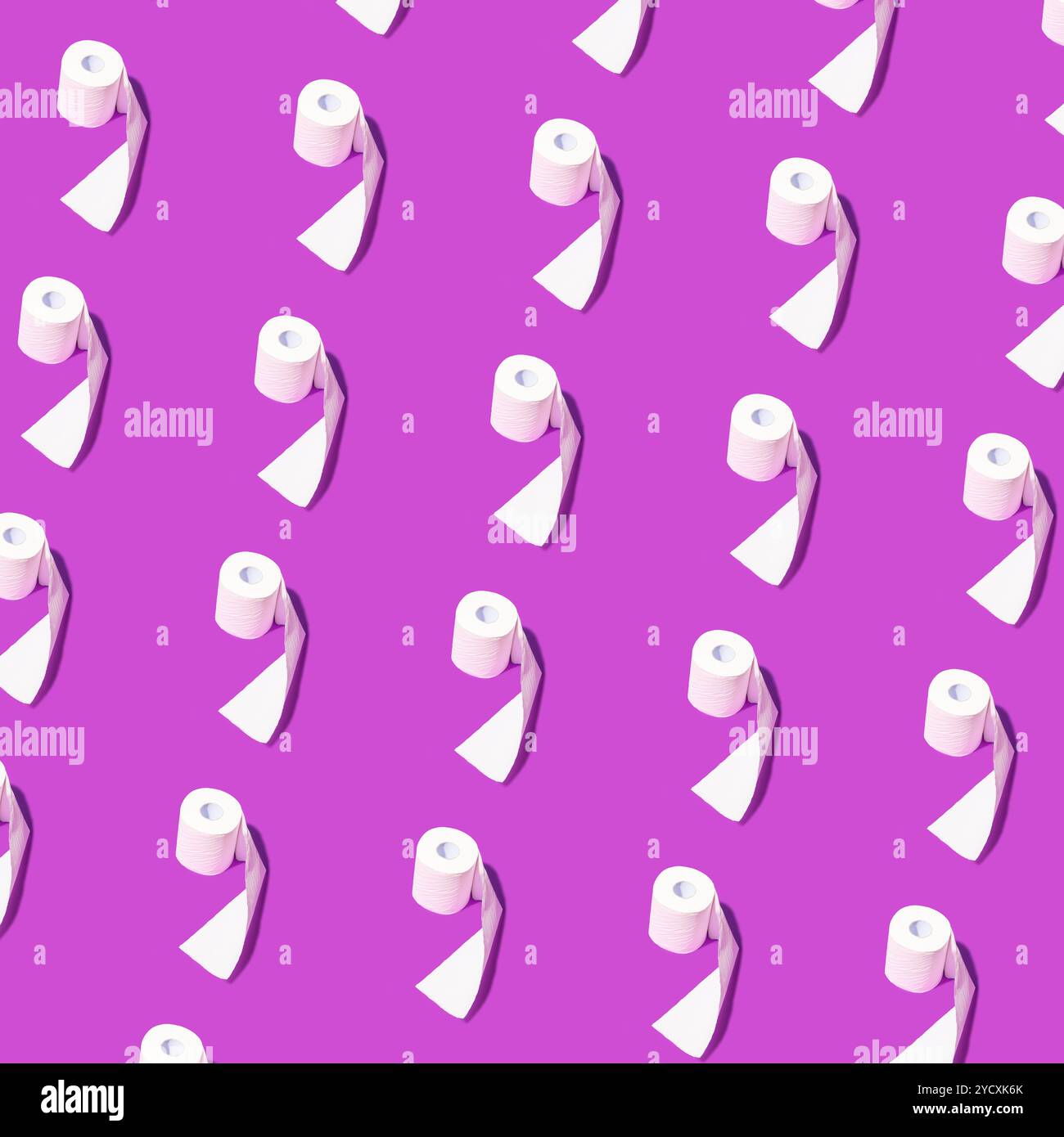 A repeated pattern of white toilet paper rolls with trailing ends on a ...