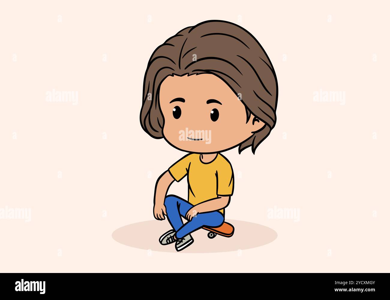 Cute boy chibi character illustration in sit on skateboard Stock Vector ...