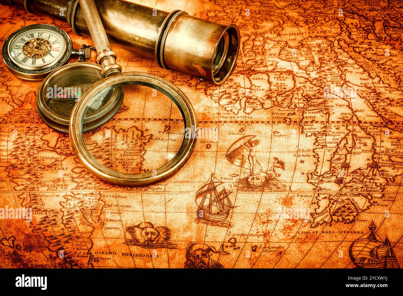 Vintage still life. Vintage items on ancient map Stock Photo - Alamy