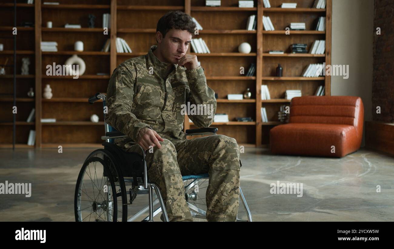 Pensive stressed sad Caucasian male officer in camouflage uniform man ...