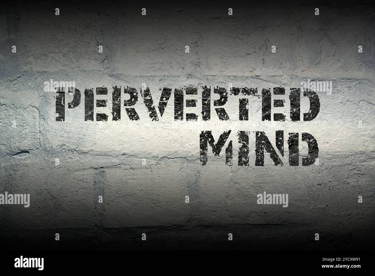 perverted mind stencil print on the grunge white brick wall Stock Photo ...