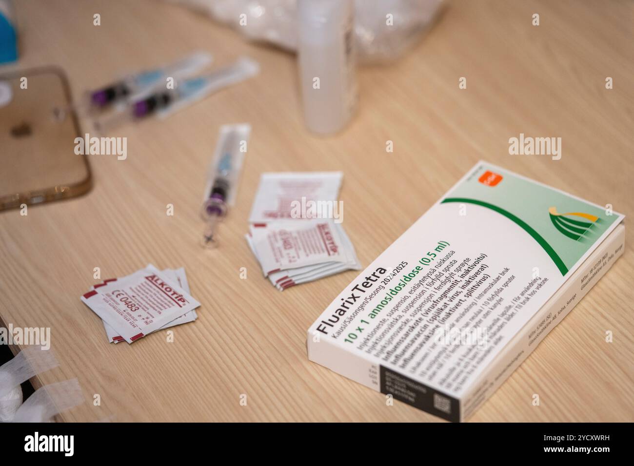 Oslo 20241024. Syringes with Fluarix Tetra influenza vaccine being ...