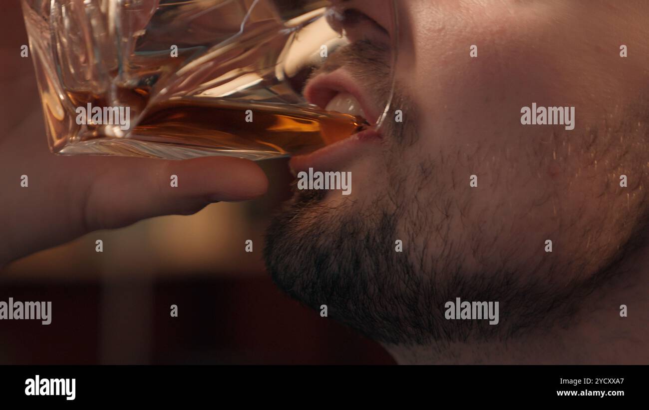 Close up happy laughing Caucasian drunk addict man male bearded ...