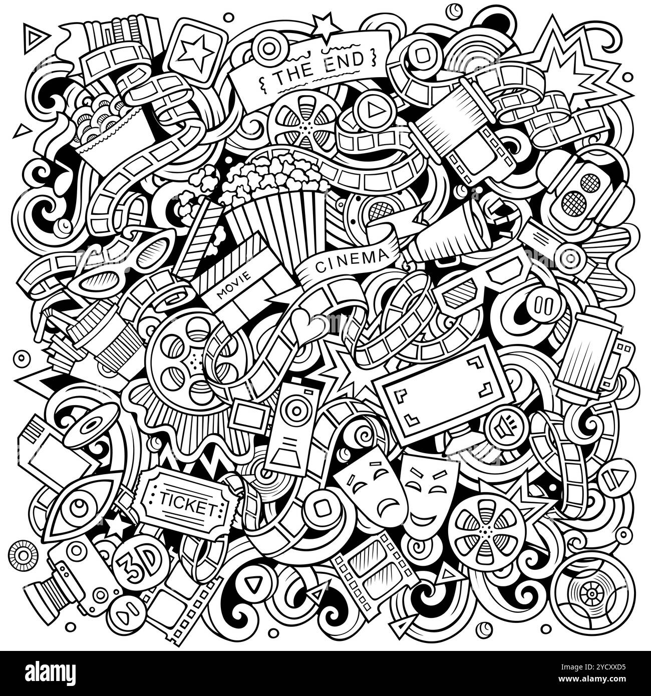 Cinema cartoon vector doodle design. Sketchy detailed composition with ...