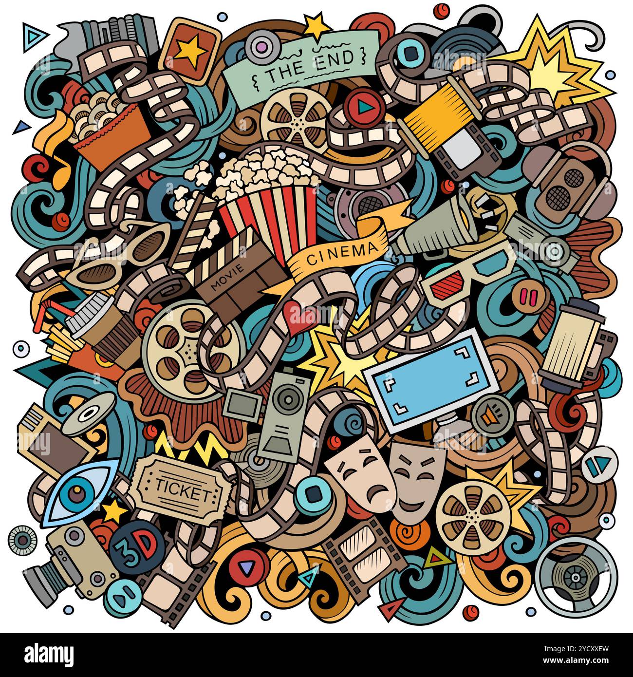 Cinema cartoon vector doodle design. Colorful detailed composition with ...