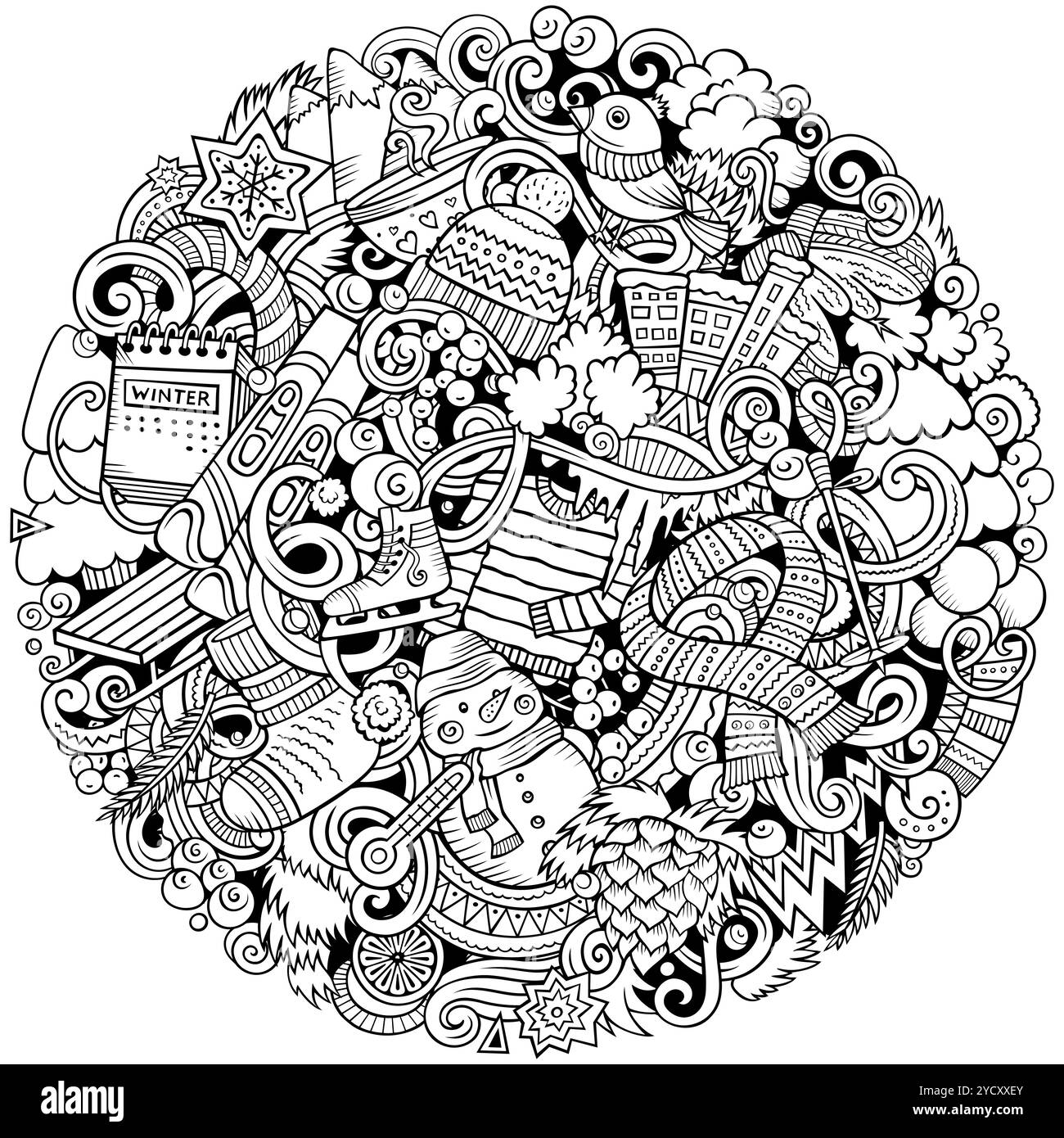 Cartoon vector doodles Winter illustration. Sketchy detailed, with lots ...