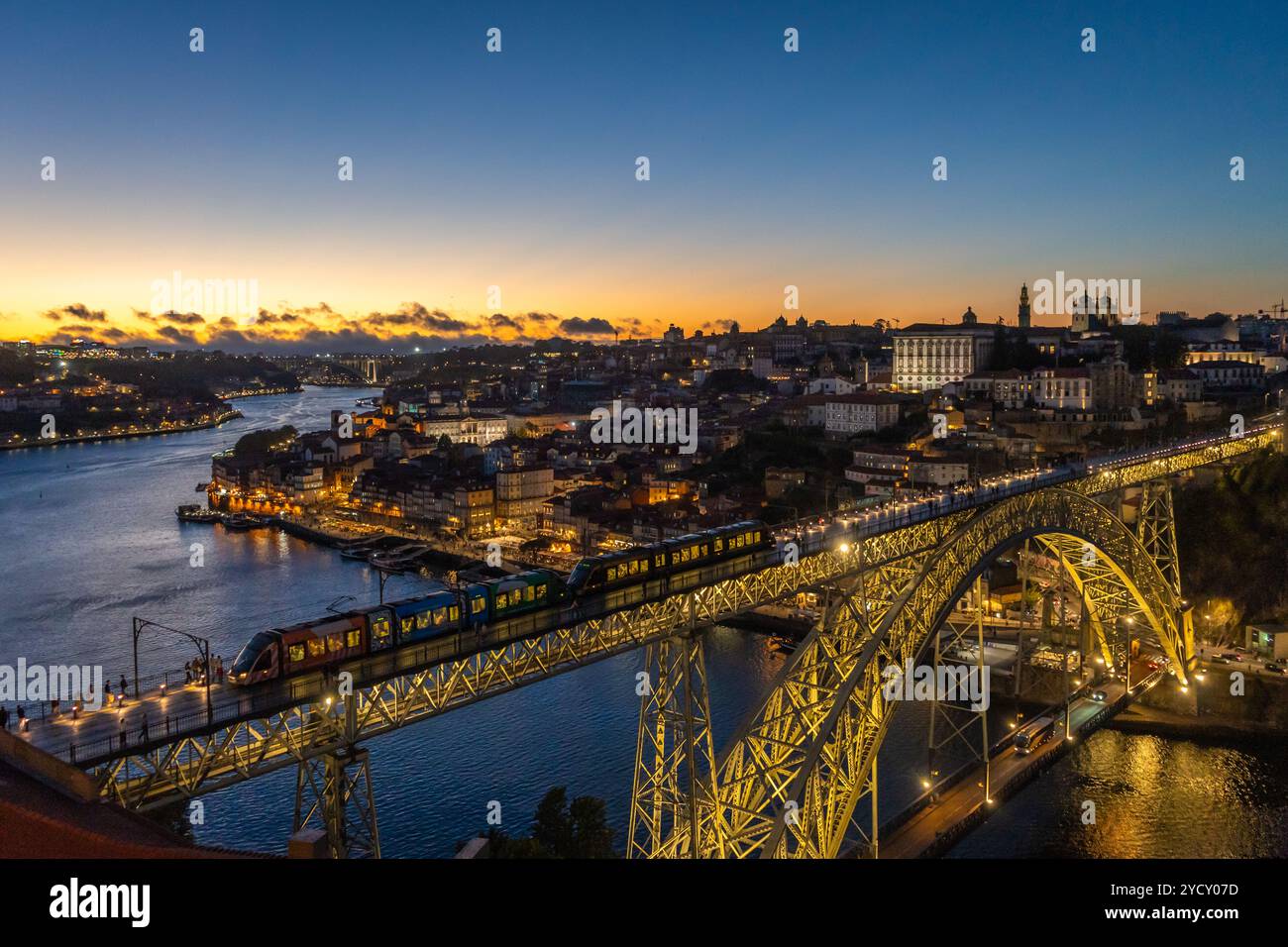 Illuminated Porto City, Douro River and Dom Luis bridge I with Tram ...