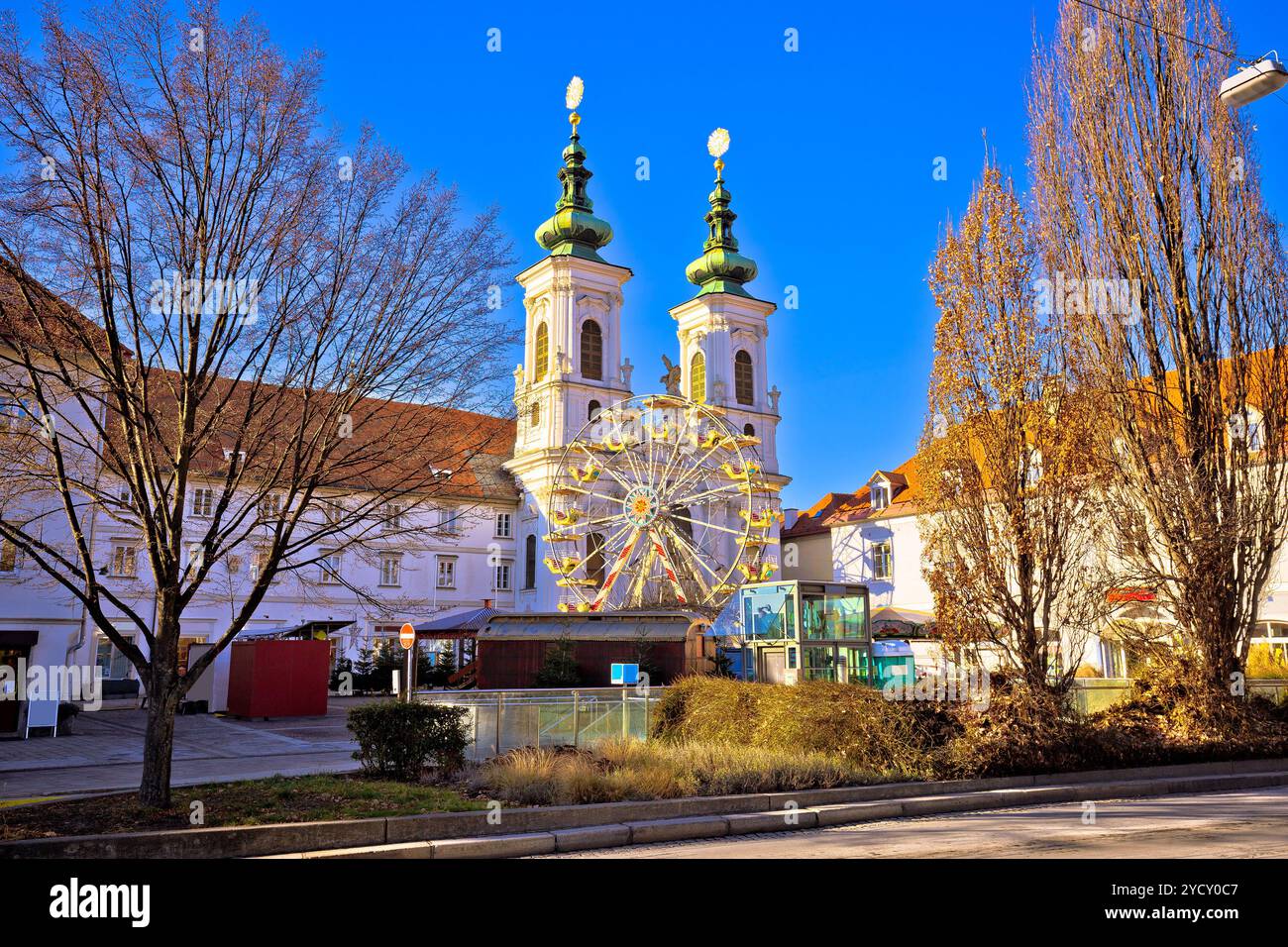 Mur river coast and church in Graz view, Steiermark region of Austria ...