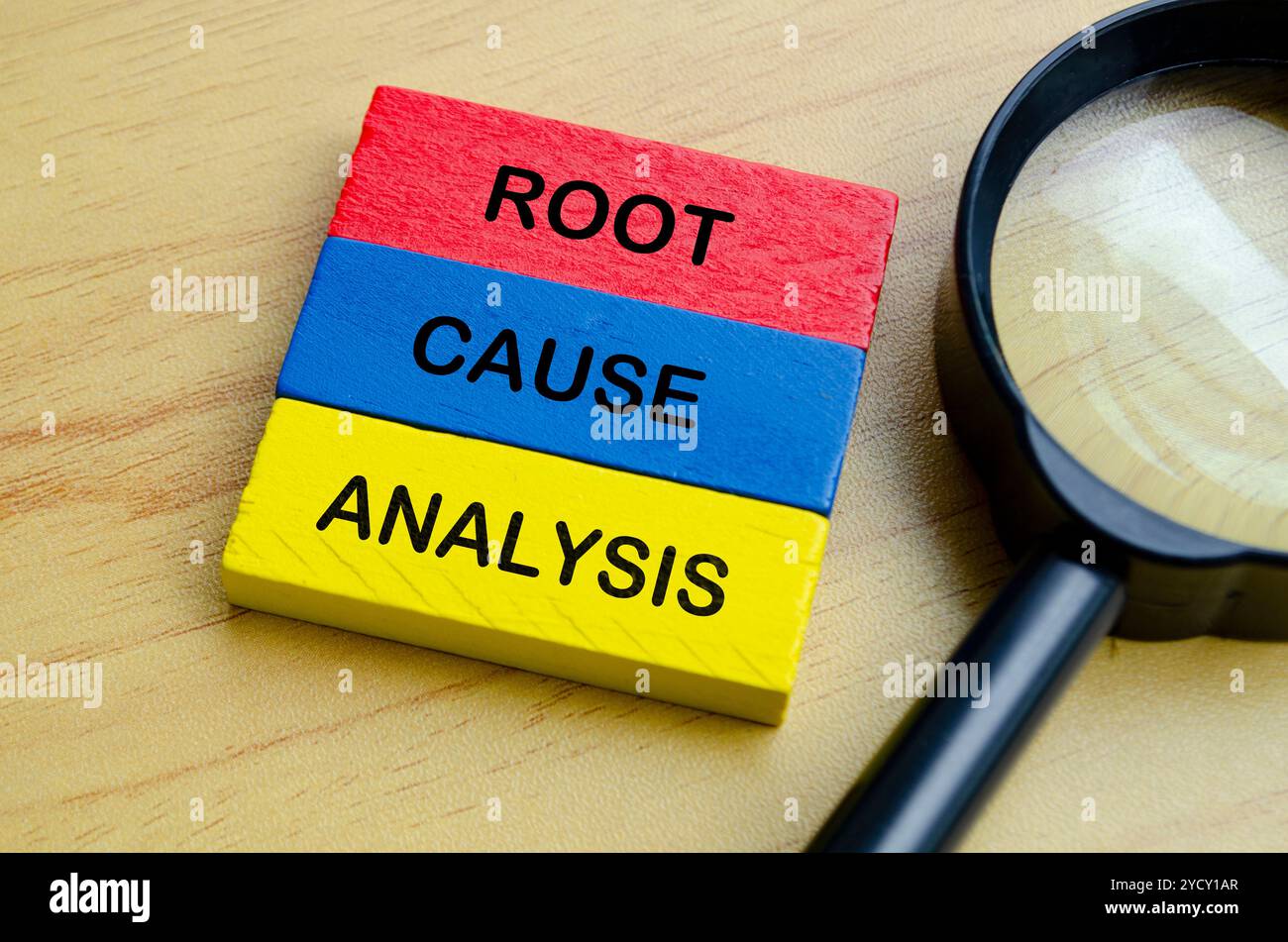 Root Cause Analysis text on multicolored wooden blocks with magnifying ...