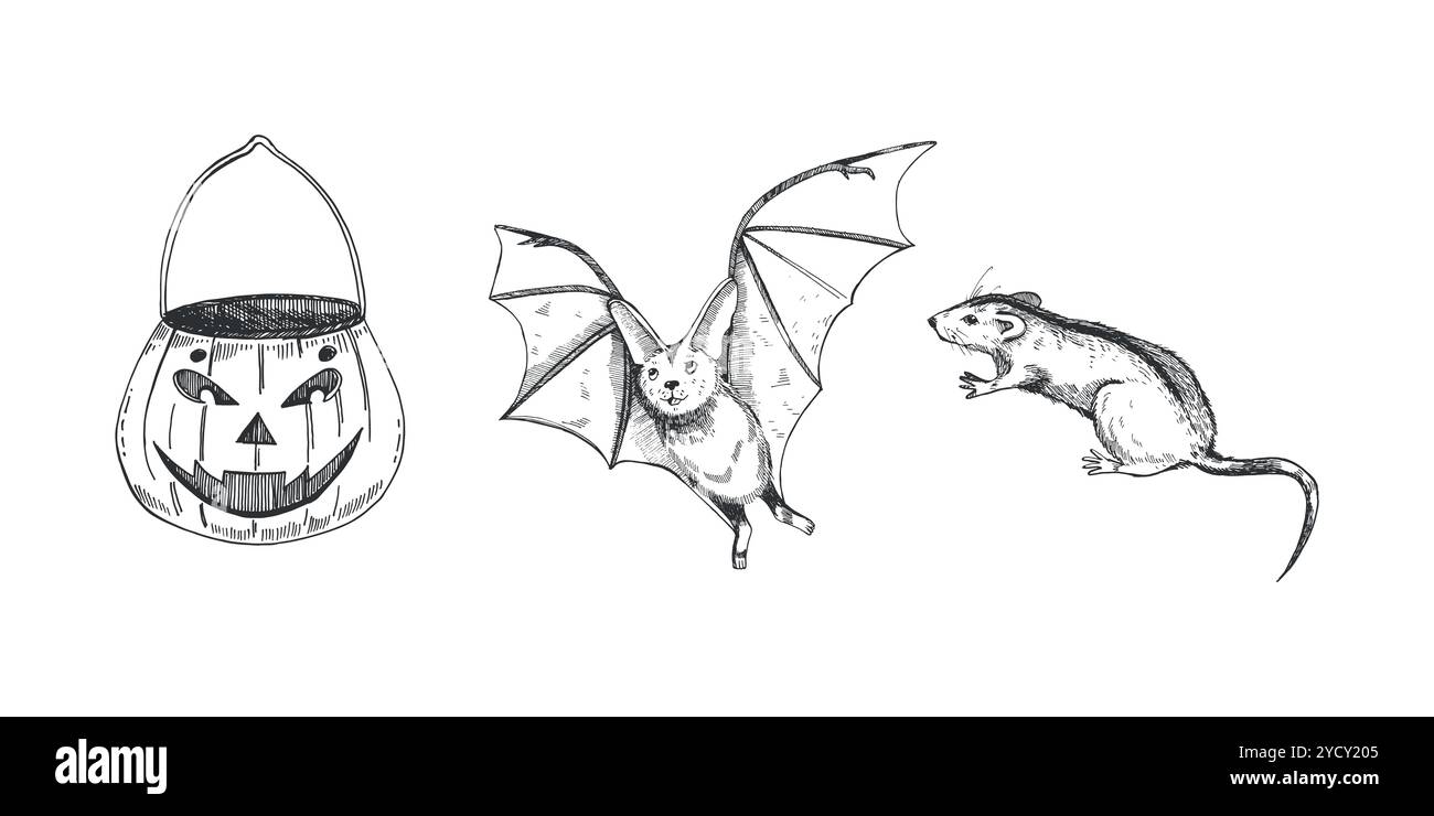 Bat, rat, pumpkin candy basket for Halloween. All objects are hand ...
