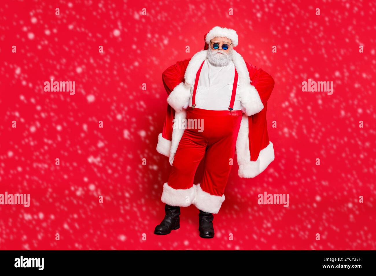 Full length photo of strict santa claus bad guy fat overweight with big ...